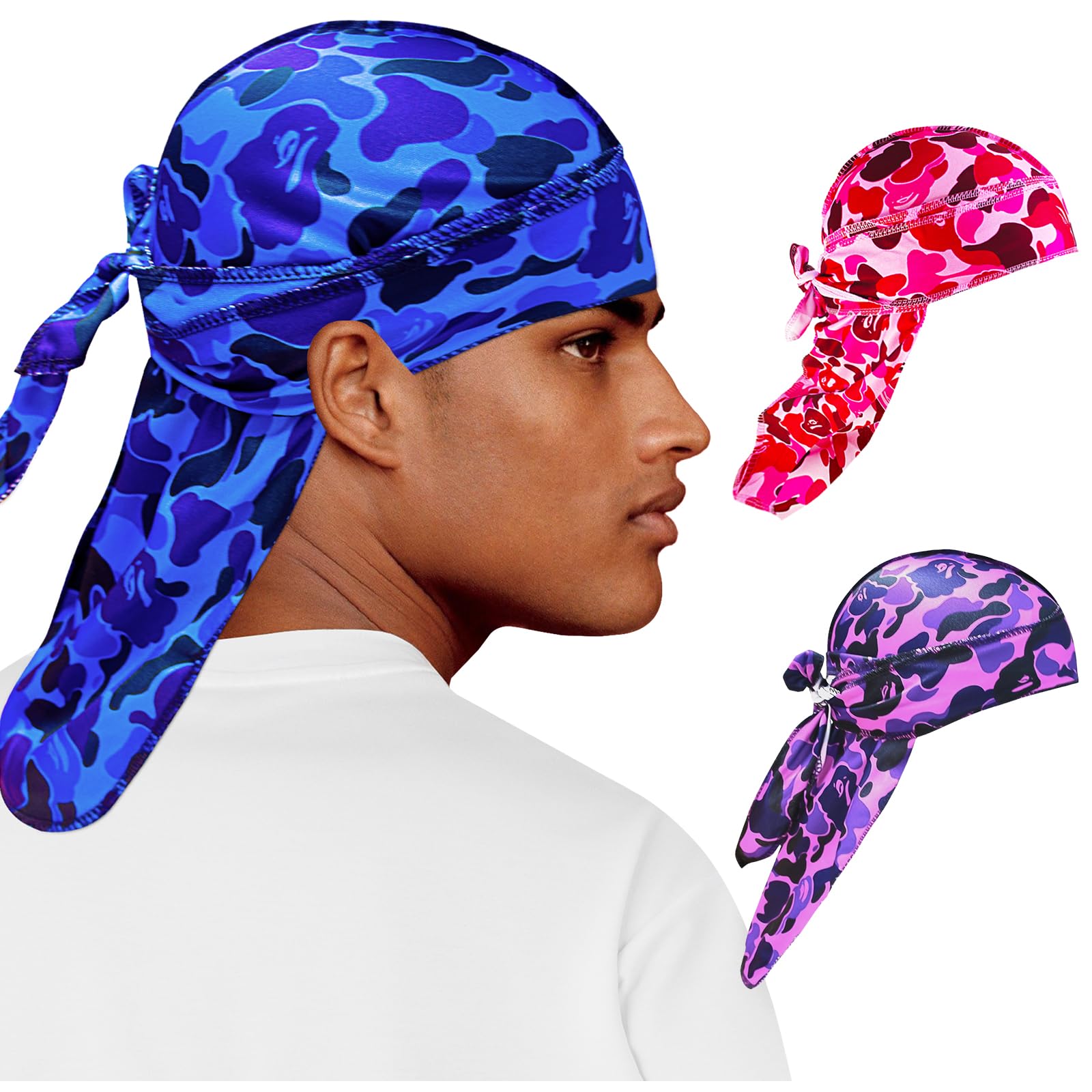 3pcs Pack Camo Silk Durag for Men Designer du rag Silk Pack durags for ...